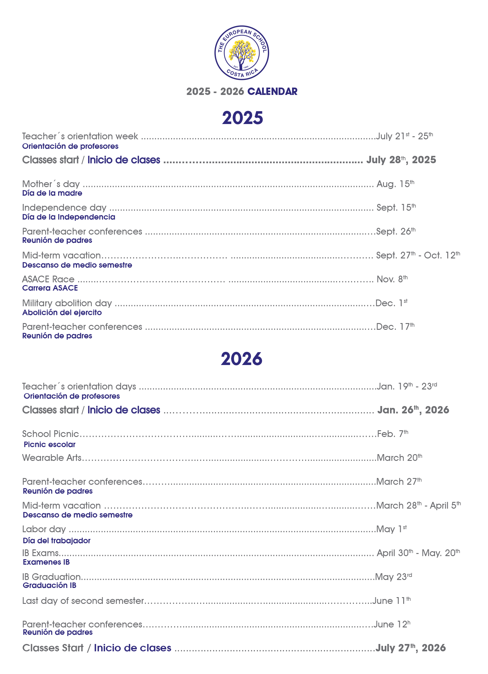Calendar 2025-2026 – European School